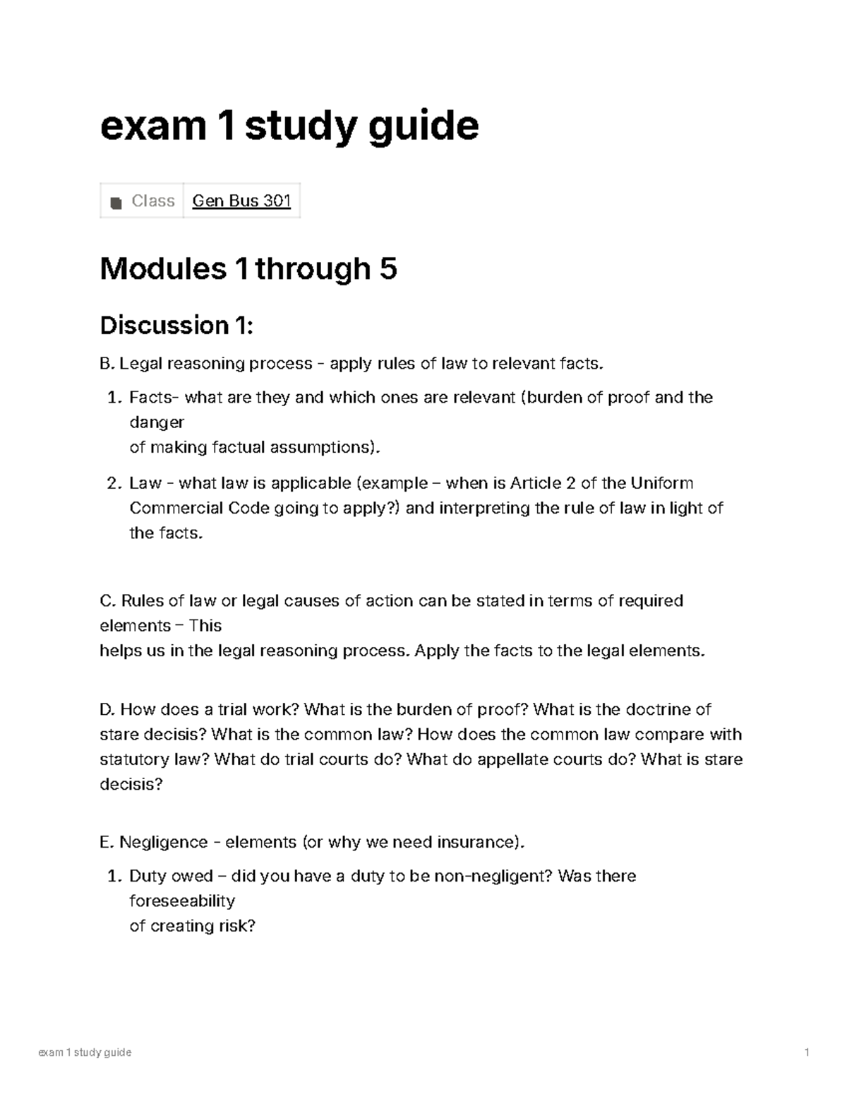 Gen bus 301 exam 1 study guide - exam 1 study guide Class Gen Bus 301 ...