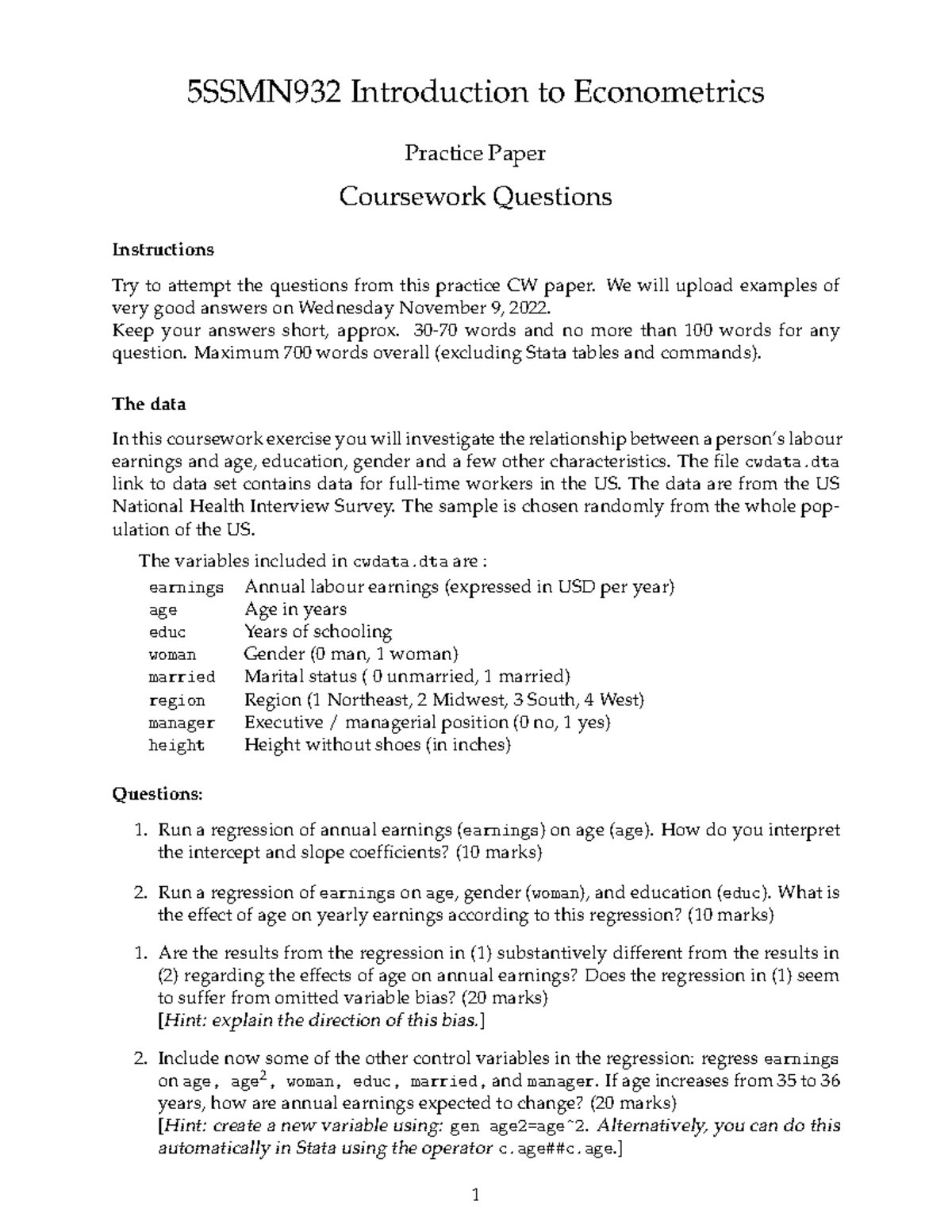 5SSMN932 Practice CW - 5SSMN932 Introduction to Econometrics Practice Paper Coursework Questions ...
