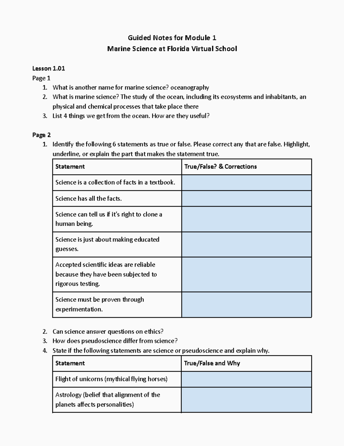 Copy of Module 1 Guided Notes Marine Science at FLVS - Guided Notes for ...