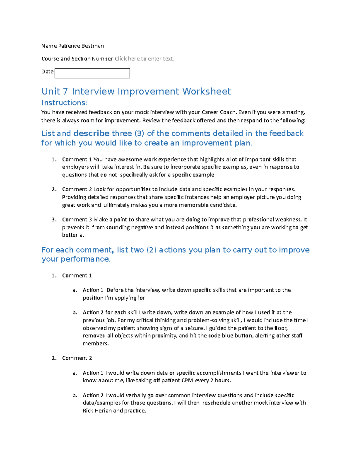PD202 Unit 7 Interview Improvement Plan - Name Patience Bestman Course ...