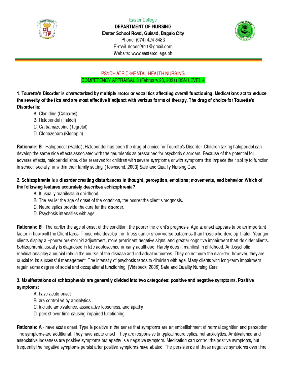 Competency Appraisal Psychiatric Mental Health Nursing - Easter College ...