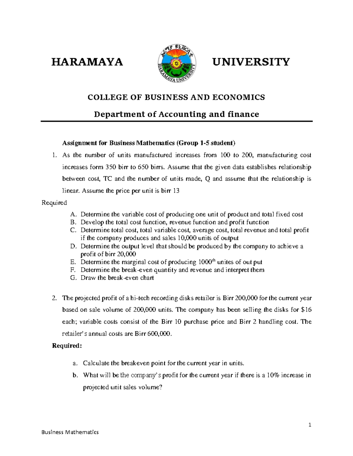 CEP Business Maths assignment 2023 - 1 HARAMAYA UNIVERSITY COLLEGE OF ...
