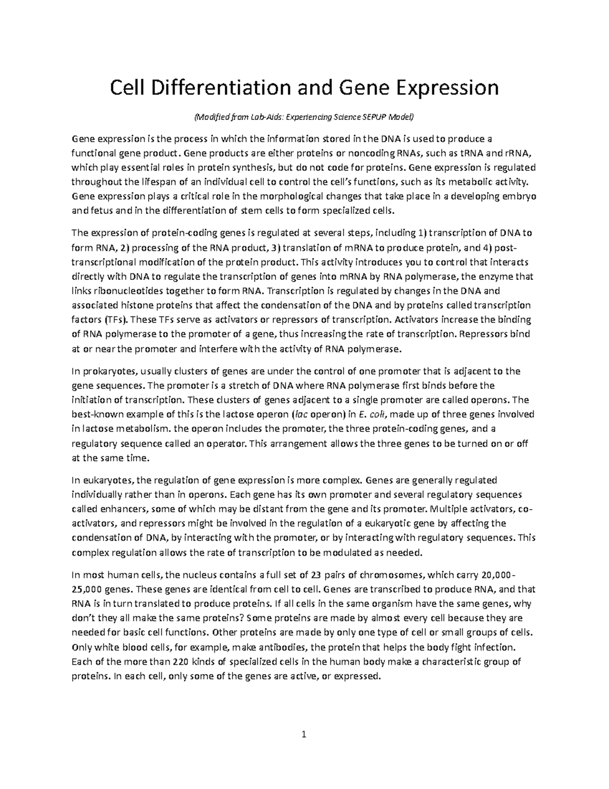 Cell Differentiation and Gene Expression - Fillable Worksheet - Cell ...