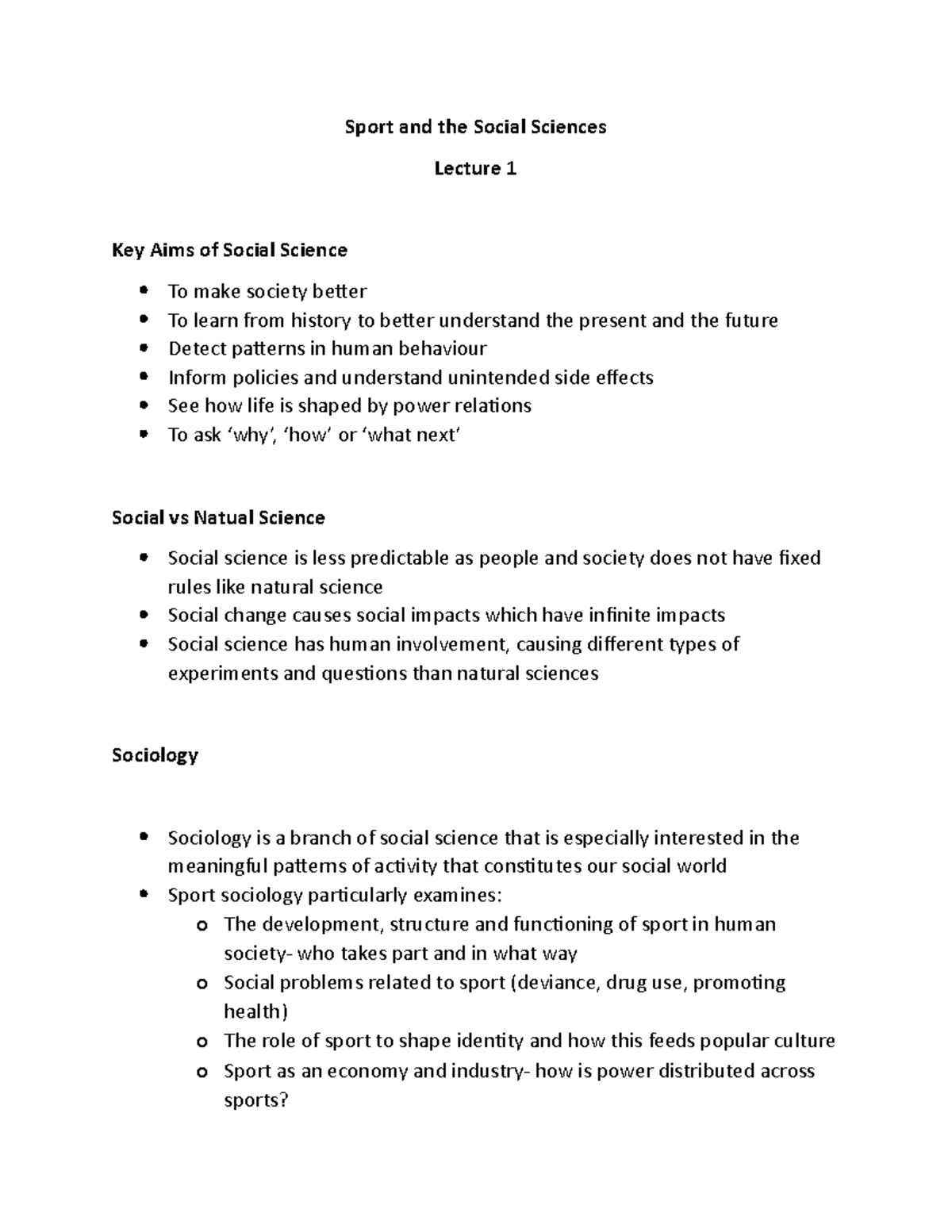 Social science notes - Sport and the Social Sciences Lecture 1 Key Aims ...