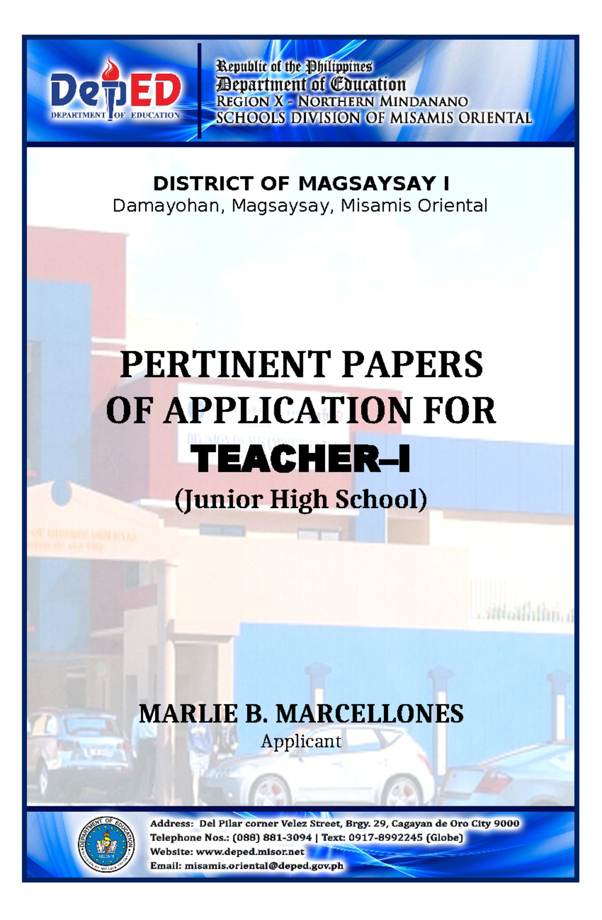 Cover Page - Application for Teacher-I (Elementary-Junior HS Level ...