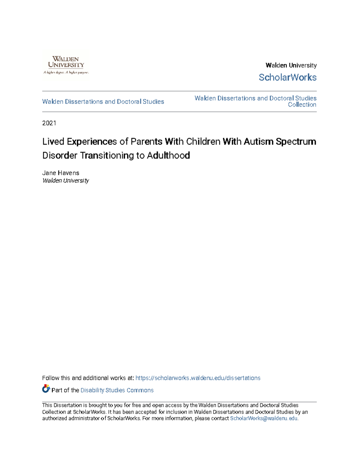 Lived Experiences of Parents With Children With Autism Spectrum D - Walden UniversityWalden ...