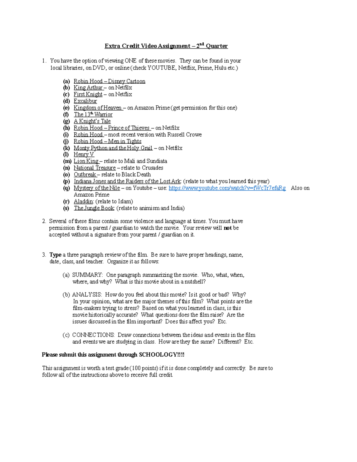 Extra Credit Video Assignment 2nd Quarter - Extra Credit Video ...