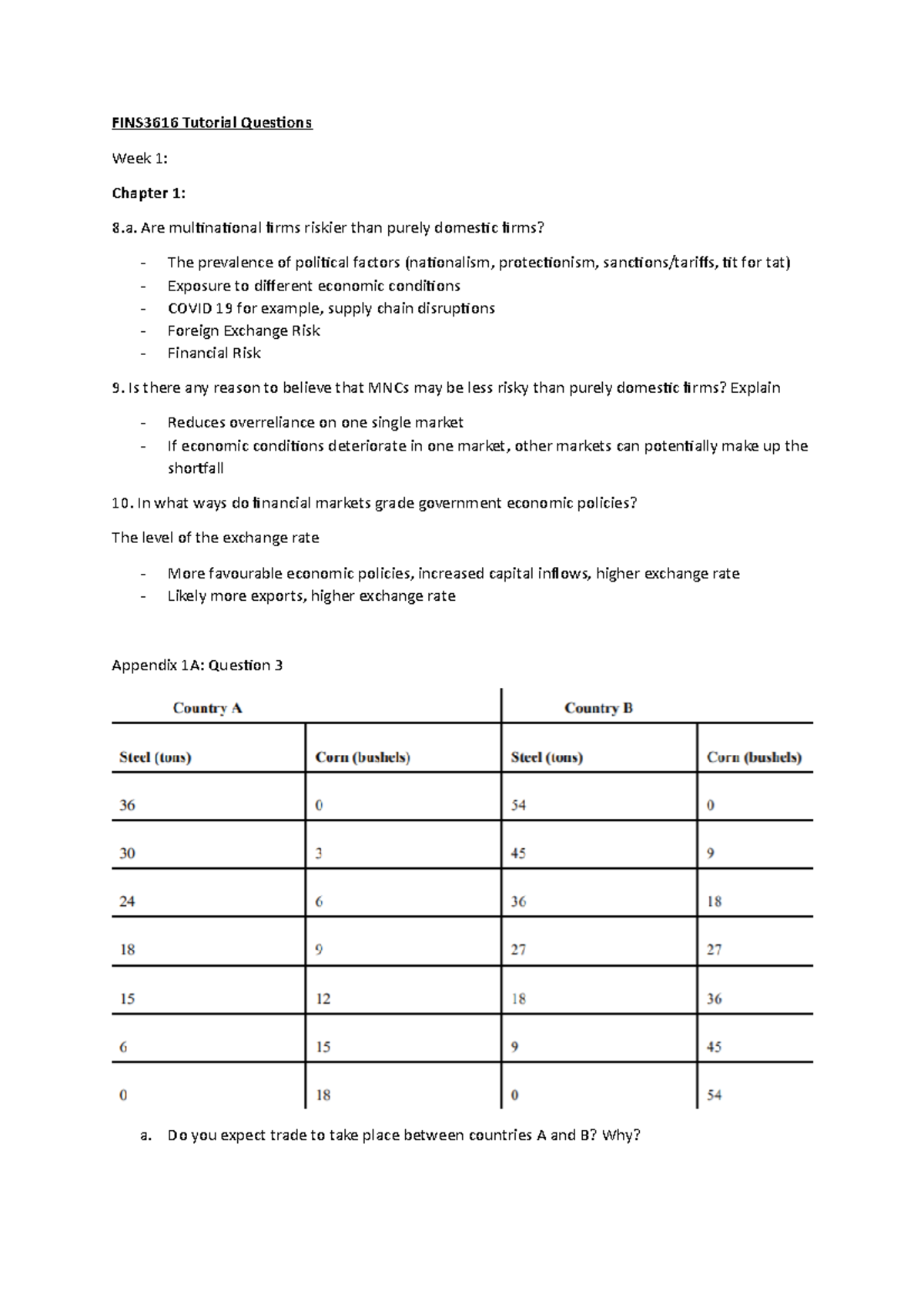 FINS3616 Tutorial Questions Weeks 1-10 - FINS3616 Tutorial Questions Week 1: Chapter 1: 8. Are ...