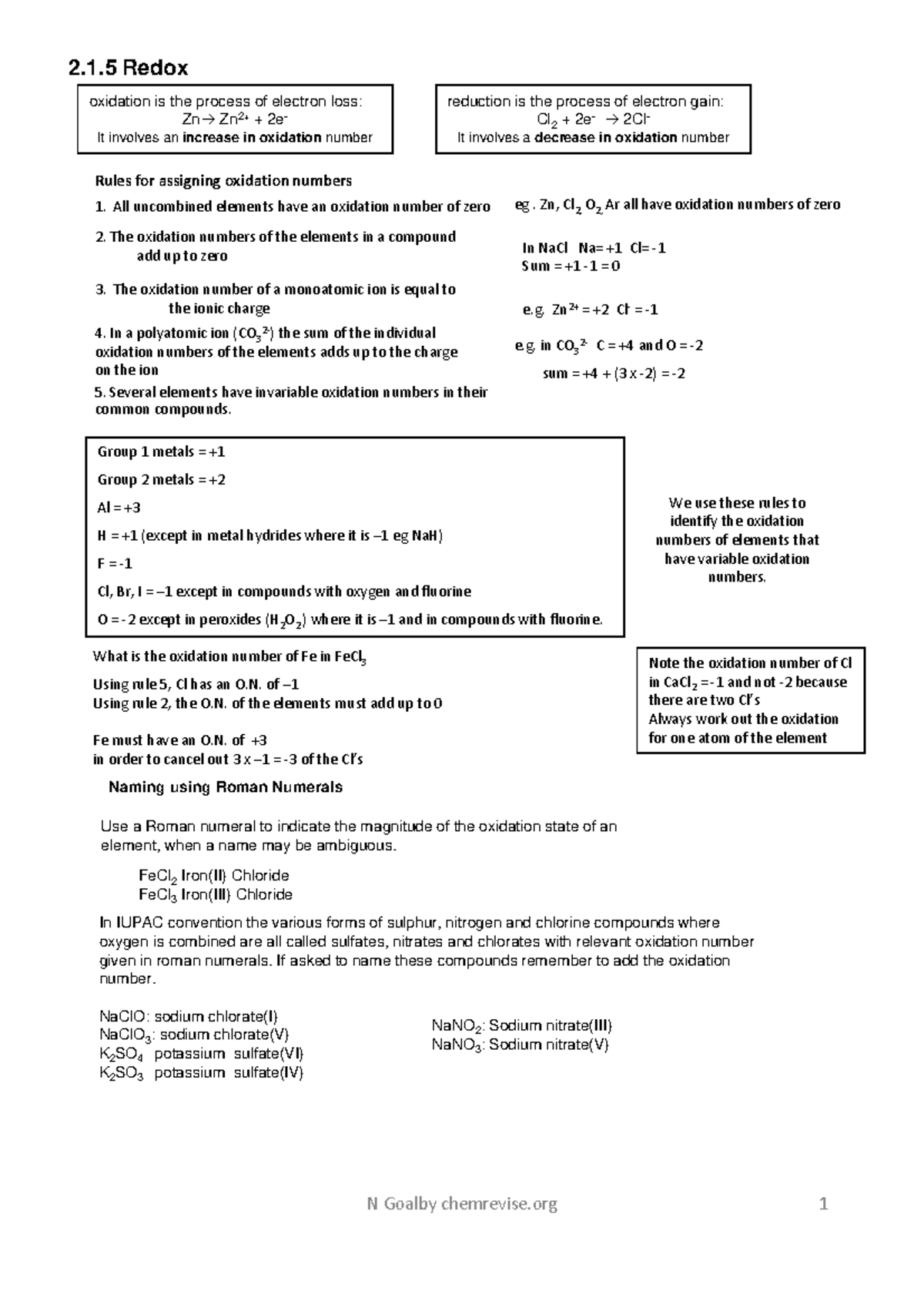 2 1 5 redox - Chem notes - 1 2.1 Redox oxidation is the process of ...
