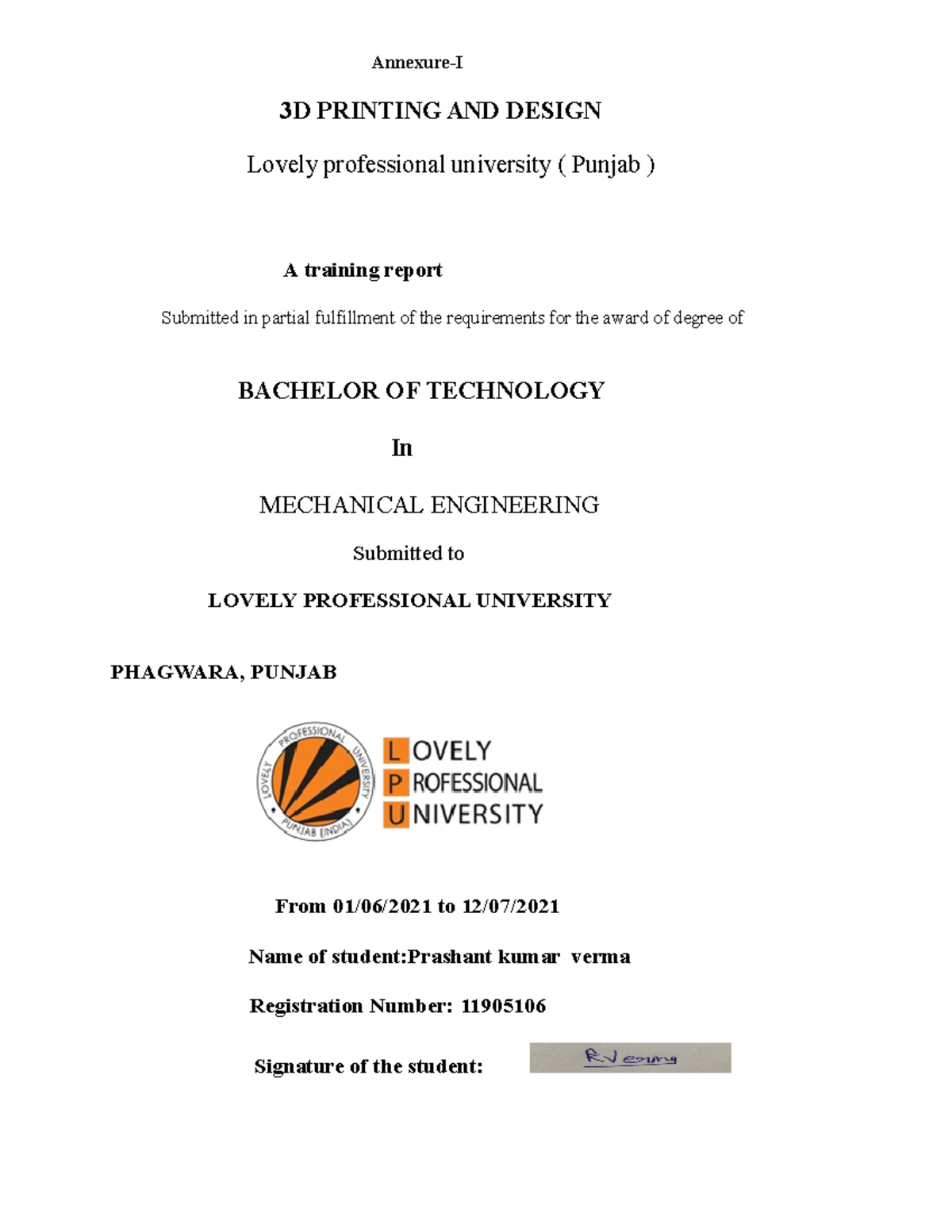 Internship Report 1 Annexure I 3d Printing And Design Lovely Professional University