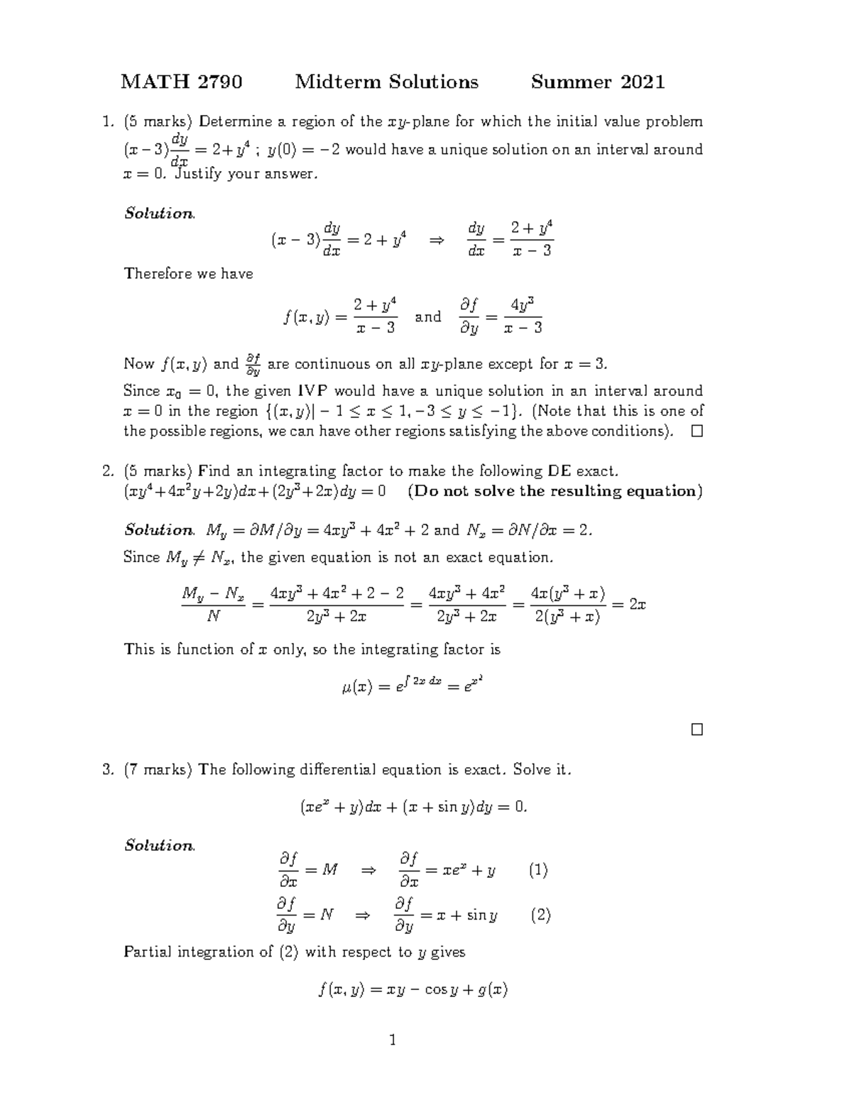MATH2790MT Solutions S21 - MATH 2790 Midterm Solutions Summer 2021 (5 marks) Determine a region ...