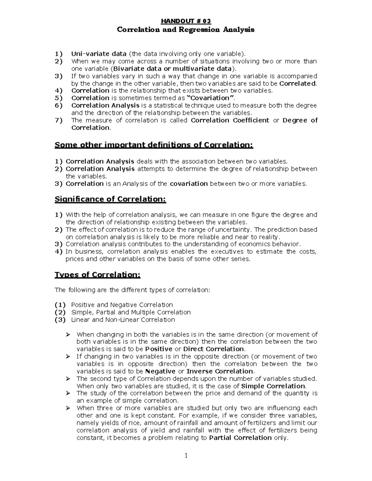 KEY Points TO Remember-regression - HANDOUT # 03 Correlation and Regression Analysis Uni-variate ...