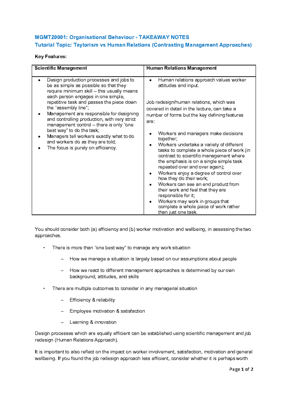 Tutorial Student - Take away notes (Contrasting Mgmt Approaches ...
