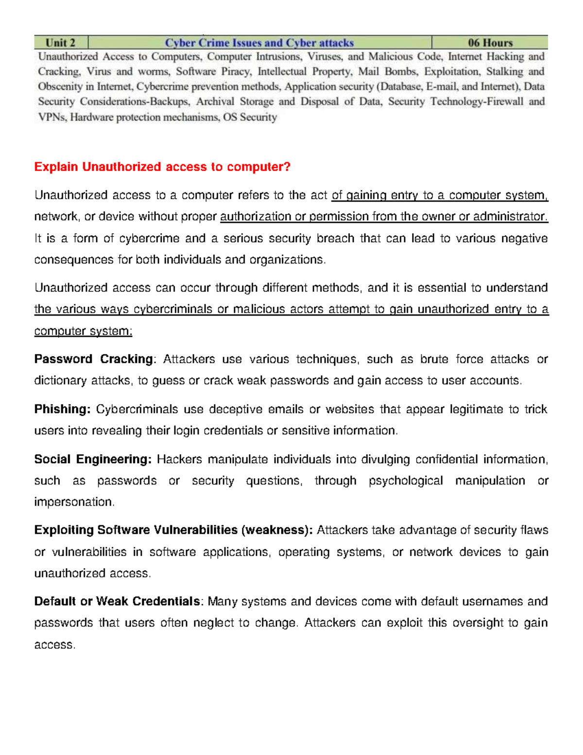 Cs unit 2 - cyber security - Explain Unauthorized access to computer? Unauthorized access to a ...
