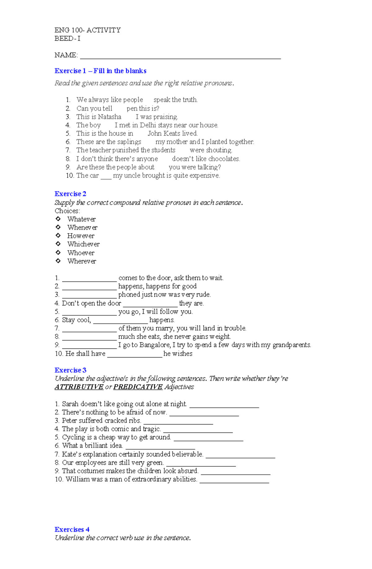 ENG 100- Grammar Lesson Exercises - ENG 100- ACTIVITY BEED- I NAME ...