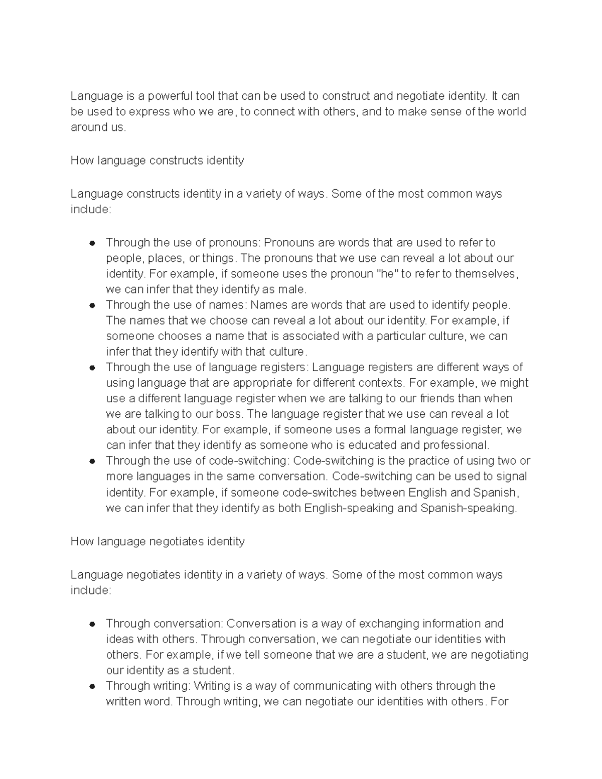 Lecture 17 Language and Identity - Language is a powerful tool that can ...