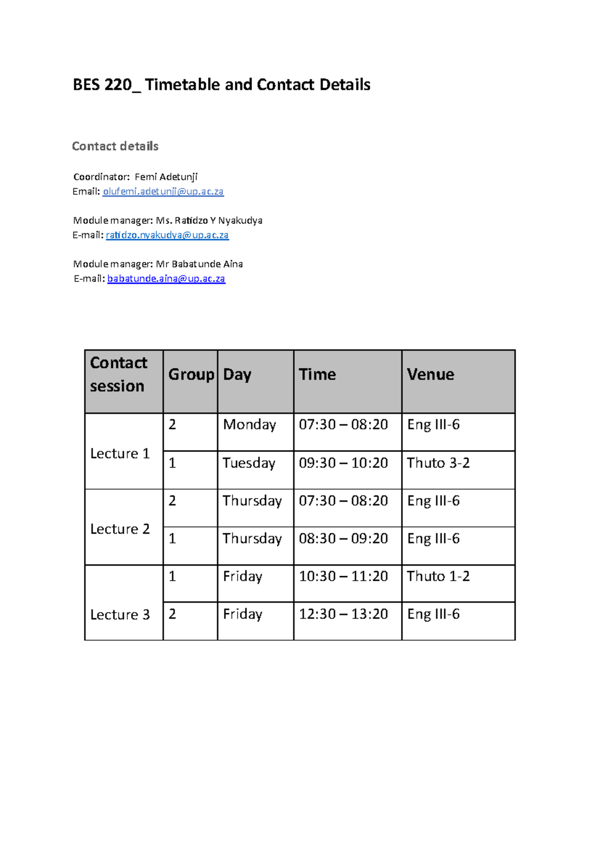 BES 220 Timetable 2024 - Resources - BES 220_ Timetable and Contact Details Contact details ...