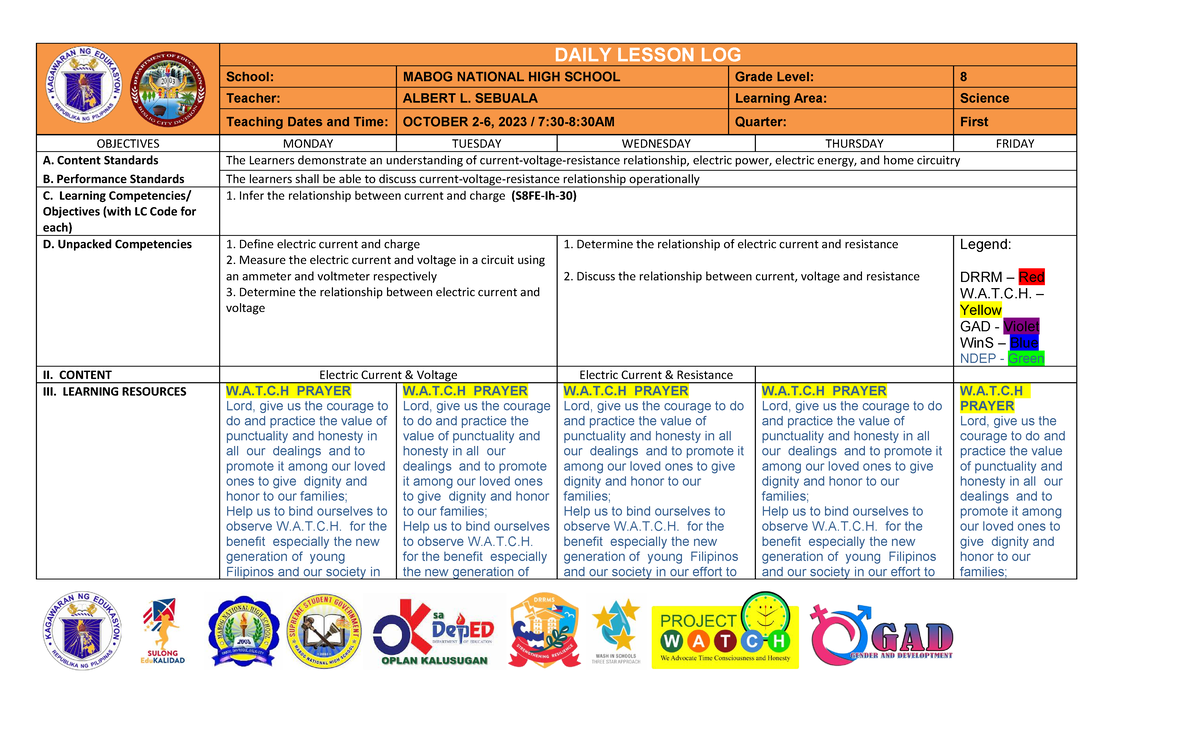DLL Science G8 1st Quarter W6 - DAILY LESSON LOG School: MABOG NATIONAL ...