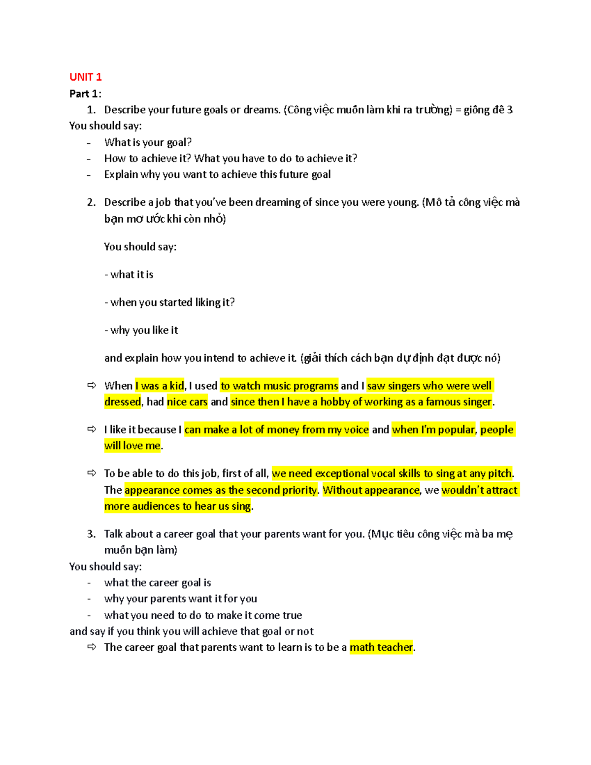 UNIT 1 Summit 2 - UNIT 1 Part 1: 1. Describe your future goals or ...