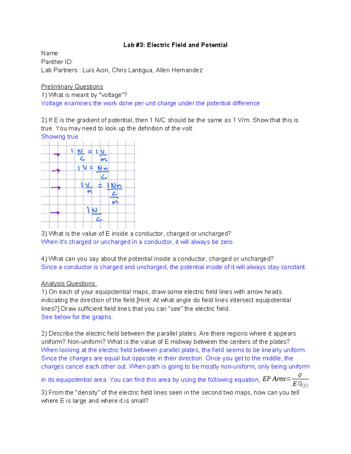Lab 3 capacitance report - Lab #3: Electric Field and Potential Name ...