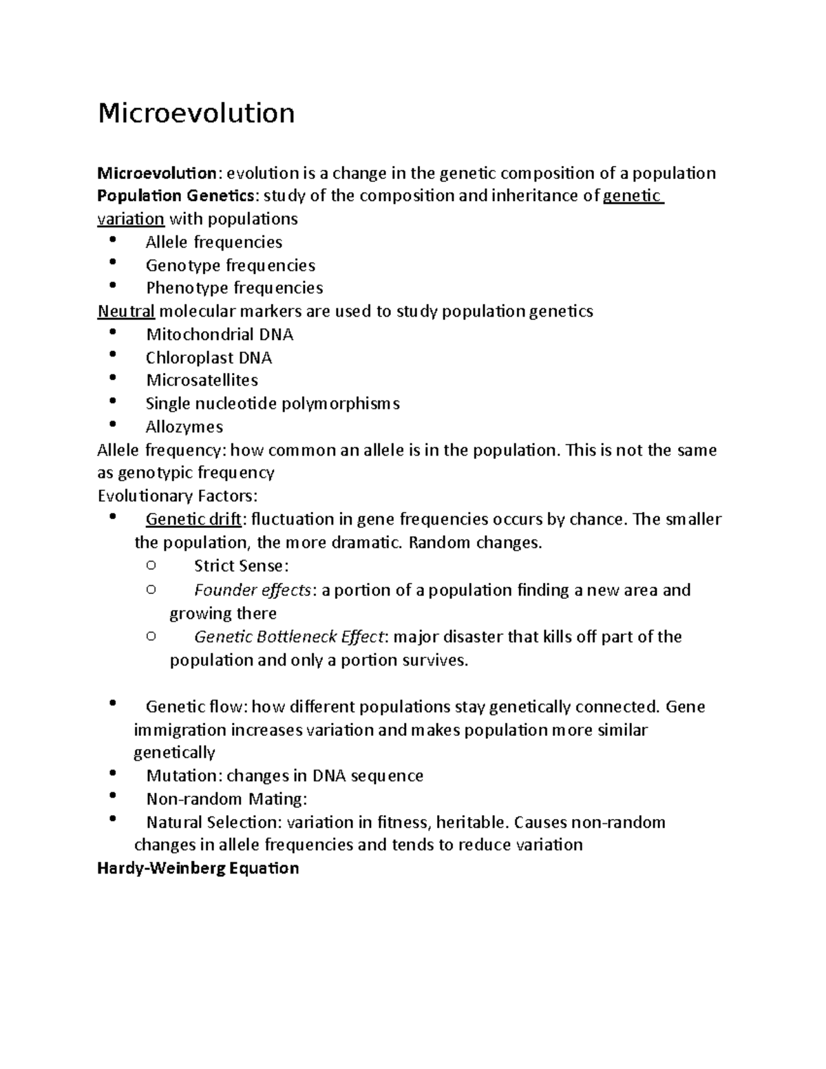 Evolution - Lecture notes 7,8,9 - Microevolution Microevolution ...
