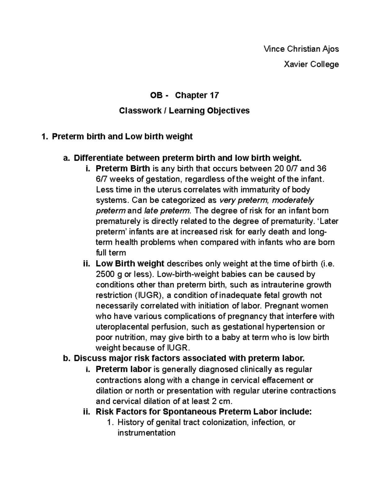 OB -RN classwork. - Nursing Lecture notes for Maternity. Notes is for ...