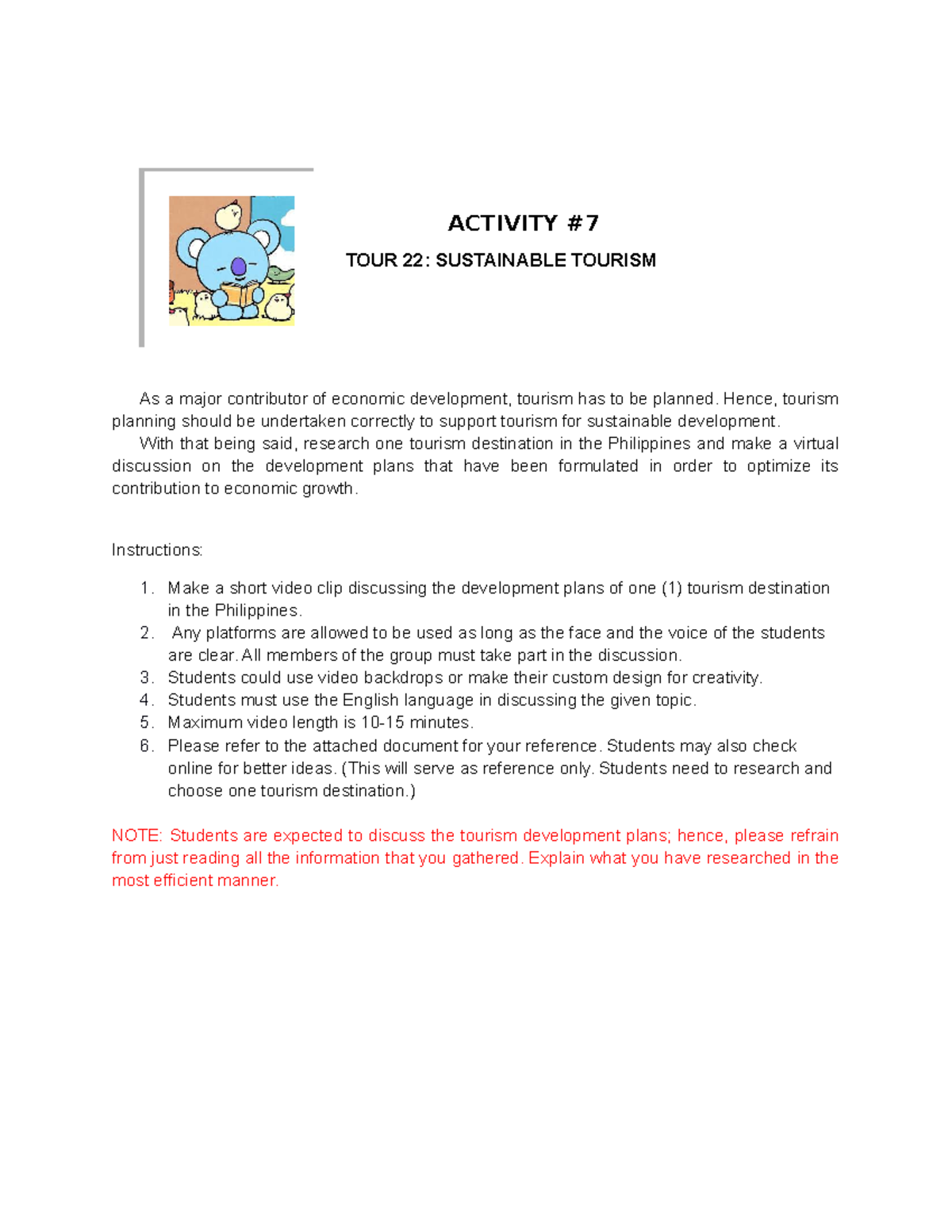 TOUR-22- Activity-7 - Activity - ACTIVITY TOUR 22: SUSTAINABLE TOURISM ...