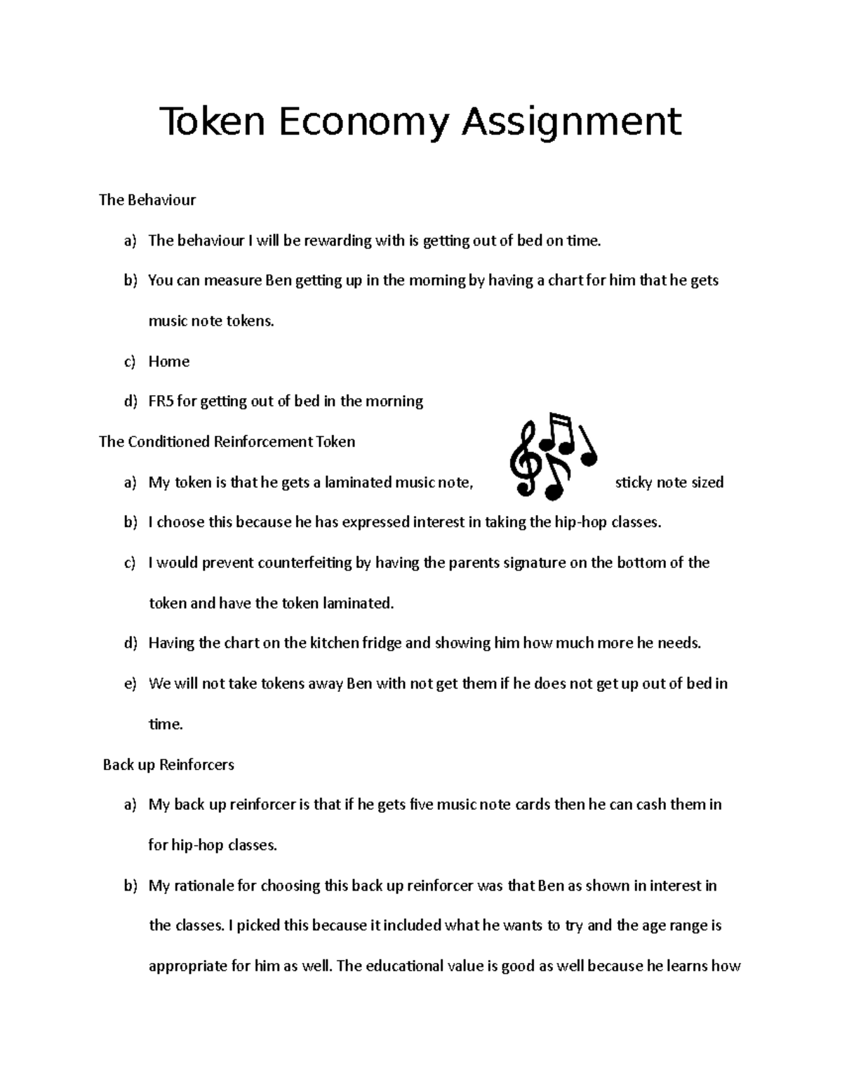 Token Economy Assignment - b) You can measure Ben getting up in the ...