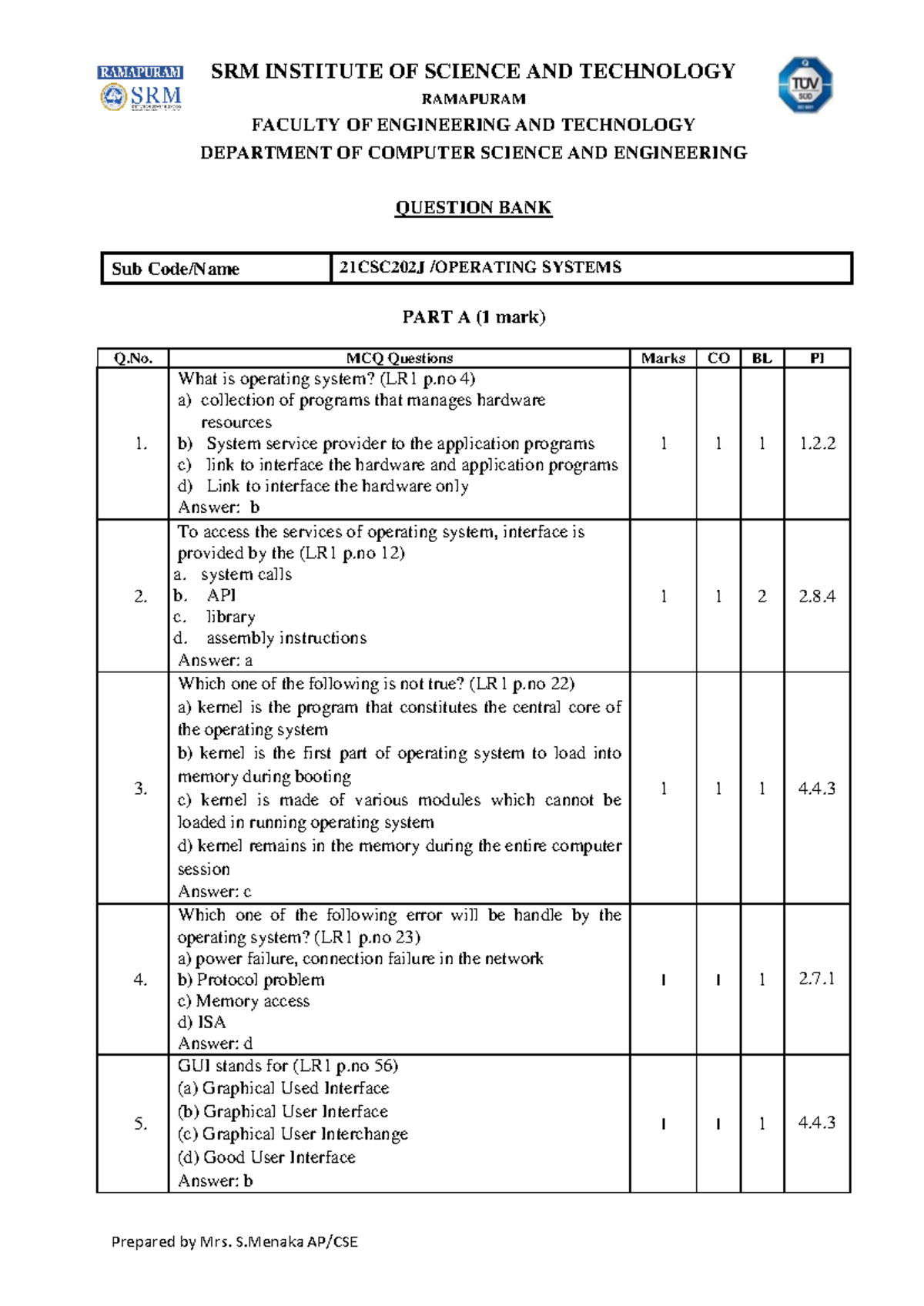 OS unit 1 QB revised - Nothing - SRM INSTITUTE OF SCIENCE AND ...