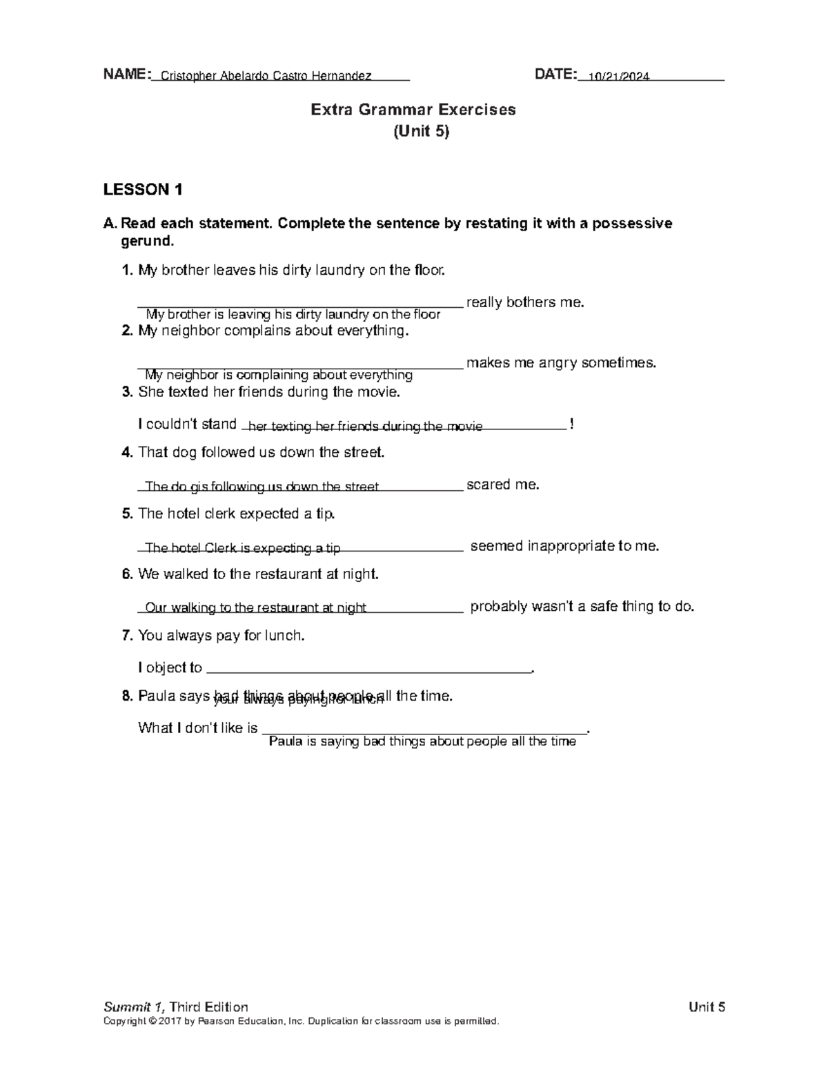 5. Grammar UNIT 5 - Copyright © 2017 by Pearson Education, Inc. Duplication for classroom use is ...