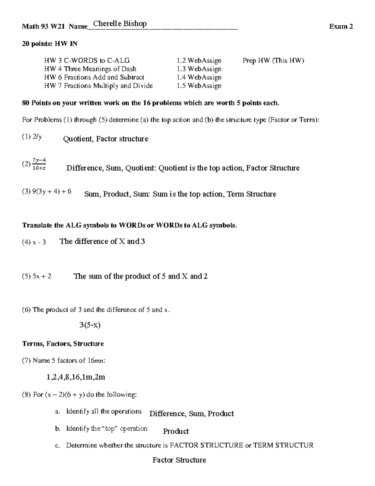 Algebra 1-Math93 Exam 2 - Math 93 W21 Name ...