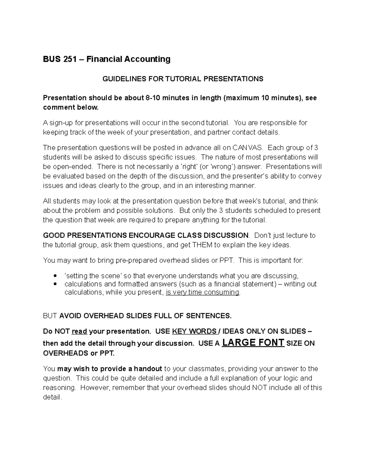 Presentation Guidelines - BUS 251 – Financial Accounting GUIDELINES FOR ...