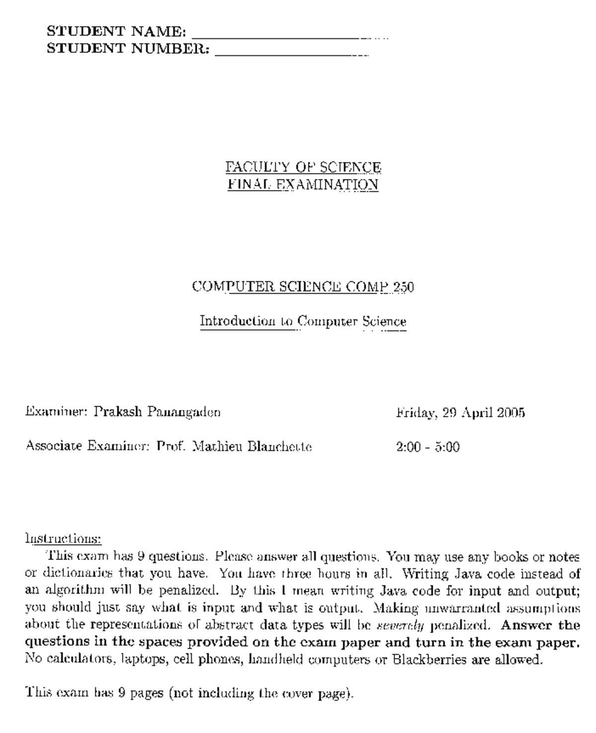 Comp 250 april 2005 - Exam/Practice - Comp 250 - Studocu