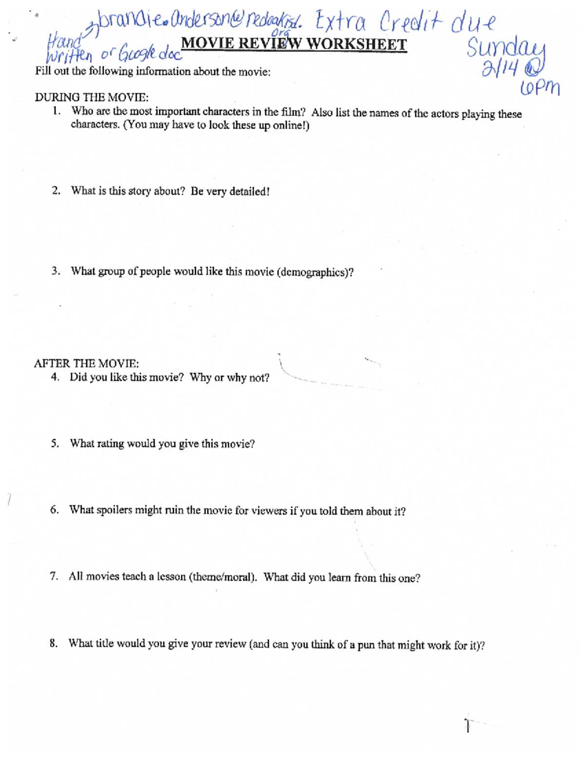 Extra Credit - Hand 3) brandie. MOVIE REVIEW Ora Extra Credit due ...