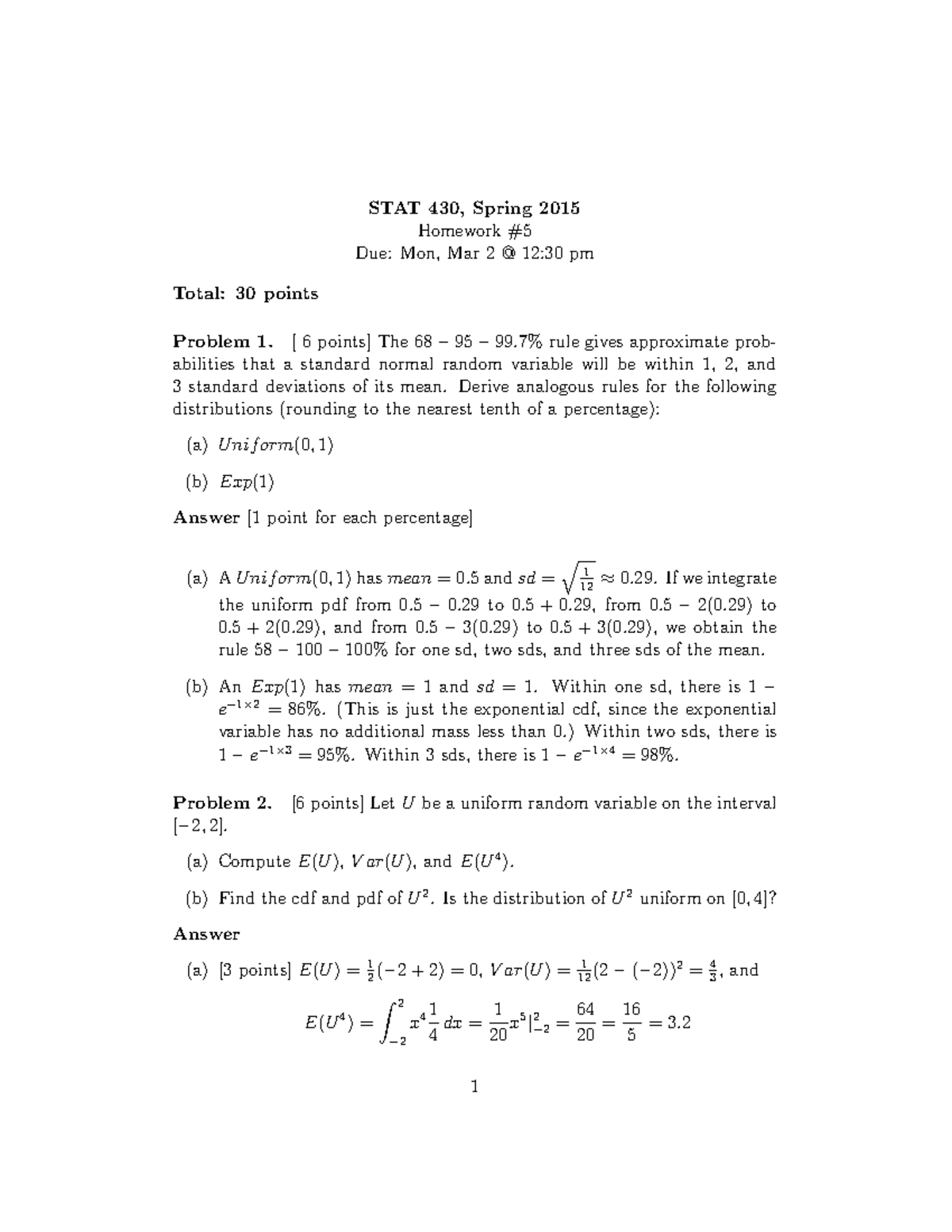 Hw5 sol - Practice questions w/ solutions - STAT 430, Spring 2015 Homework # Due: Mon, Mar 2 ...