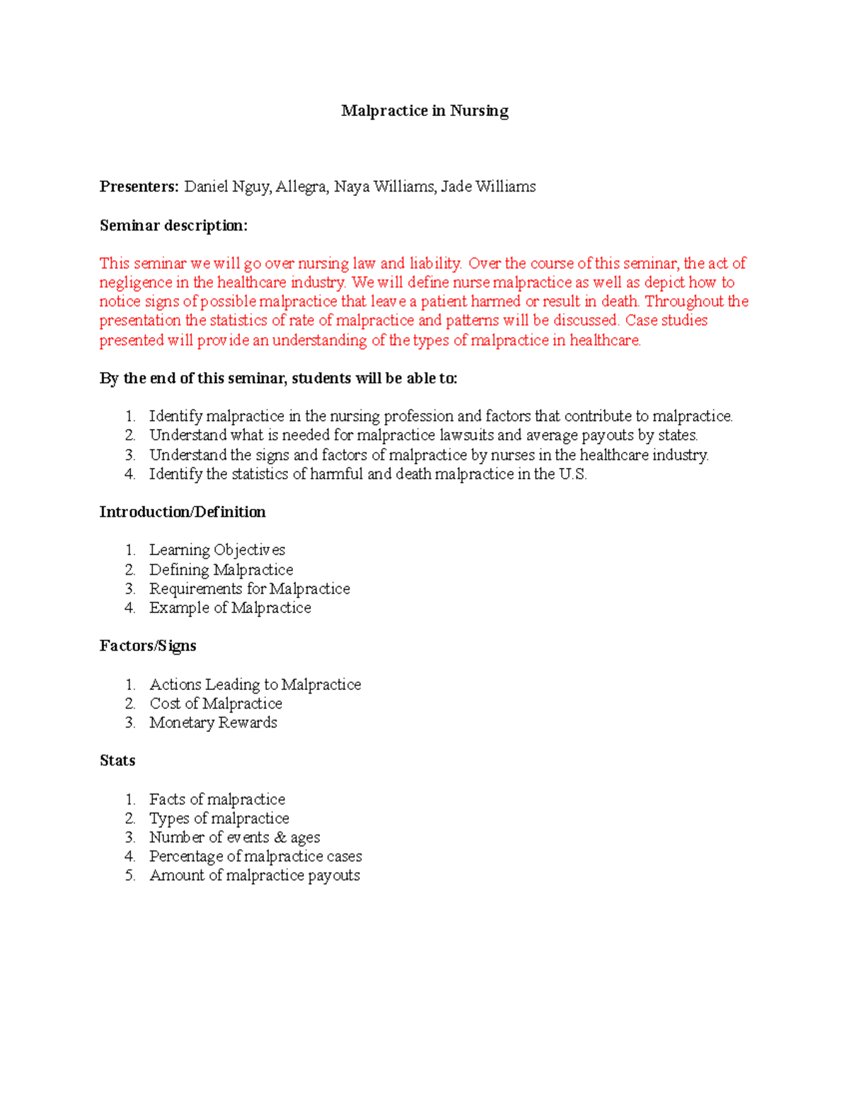 Malpractice in Nursing - Malpractice in Nursing Presenters: Daniel Nguy ...