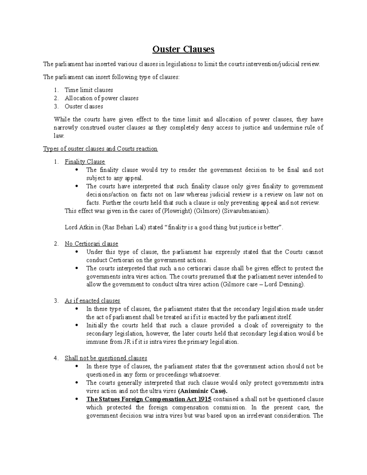 Chapter Ouster clauses - Ouster Clauses The parliament has inserted ...
