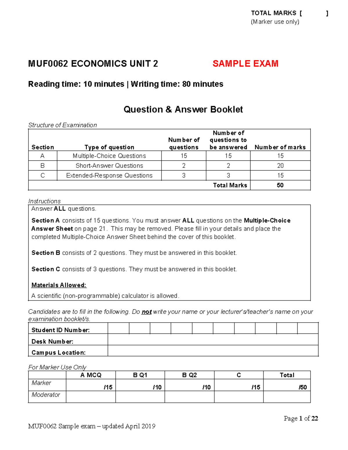 MUF0062 Sample Exam Questions Updated April 2019 - MUF0062 ECONOMICS ...