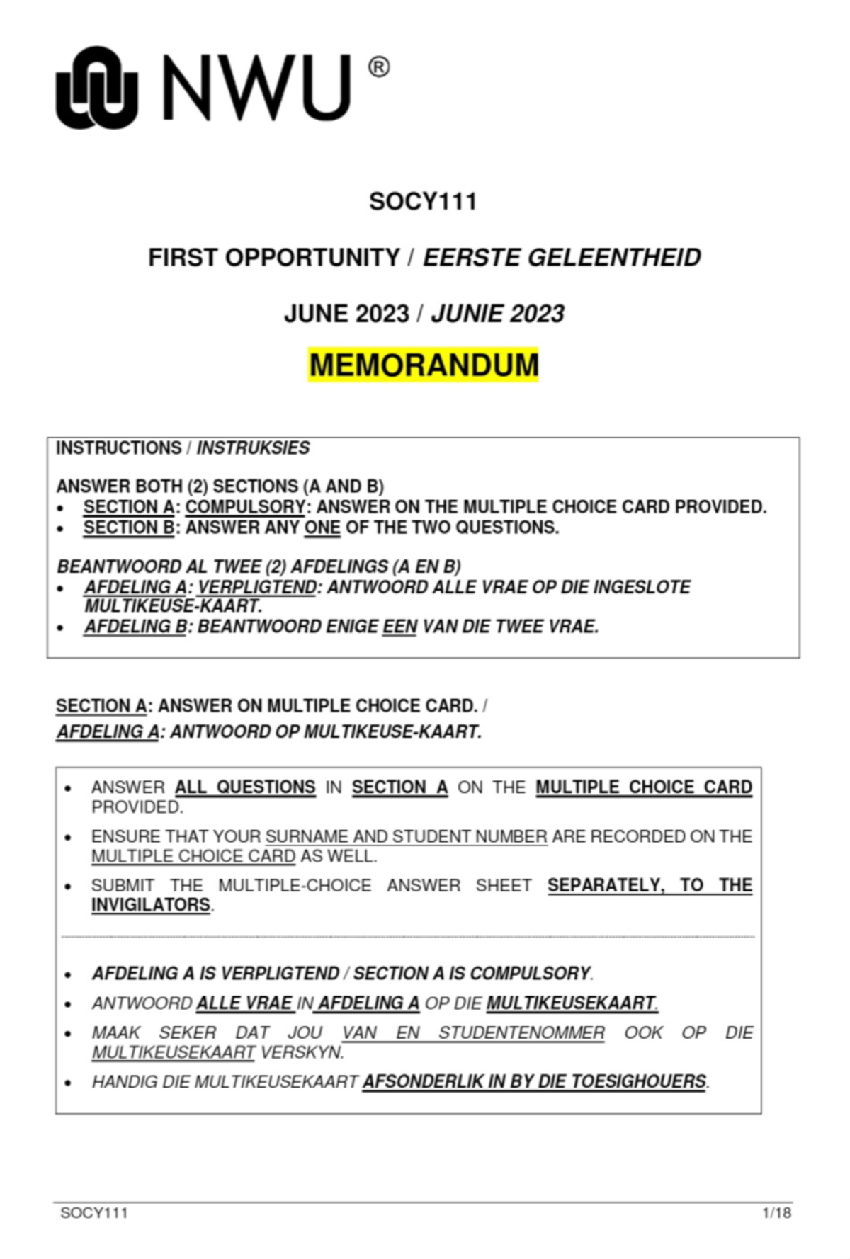 SOCY 111 JUNE 2023 1st Opportunity Memorandum - NWU SOCY FIRST ...
