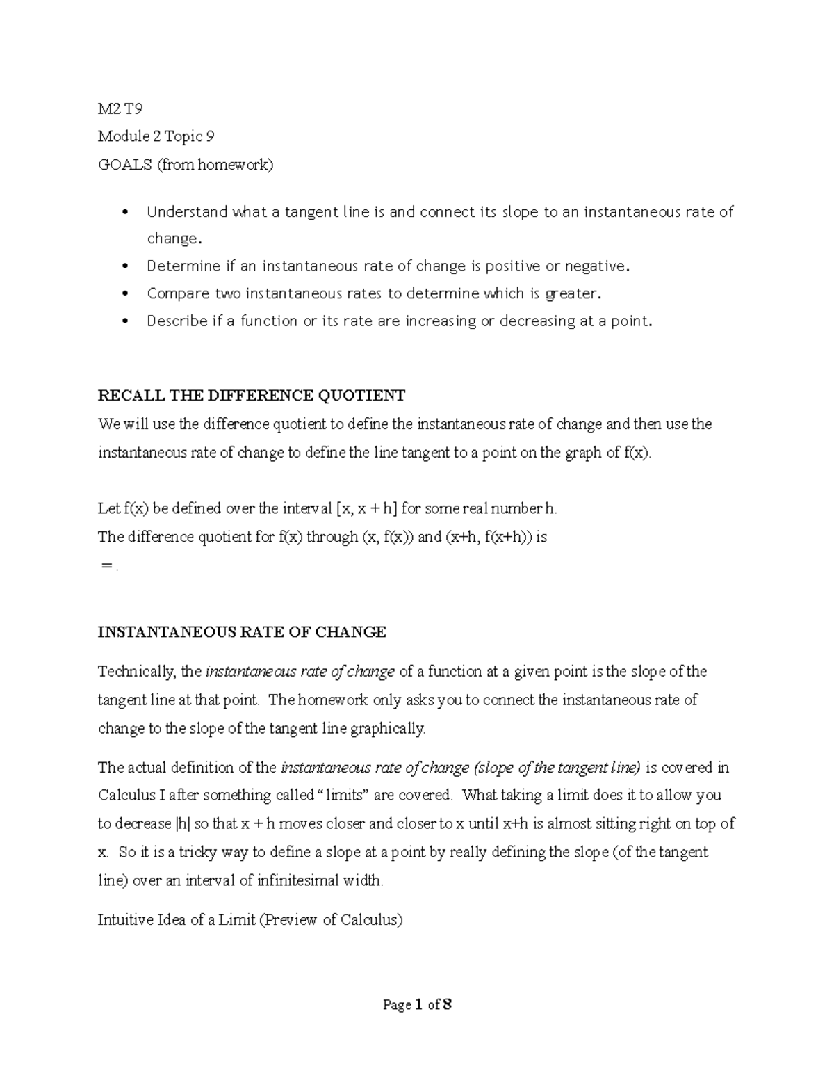 Topic 9- Tangent lines and Instantaneous rates of change - M2 T Module ...