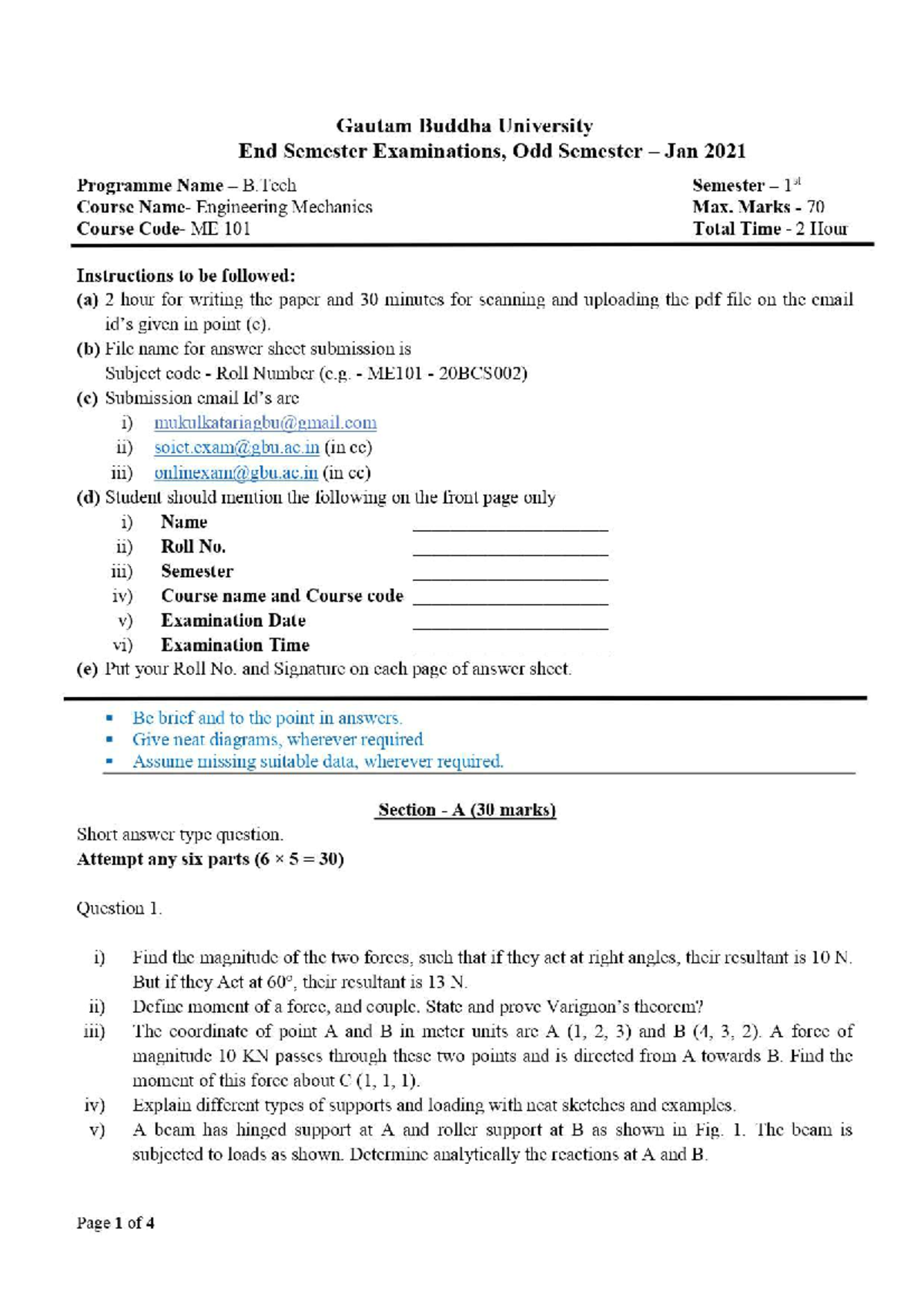 Engineering Mechanics (ME 101) End Term Exam Q. Paper - Studocu