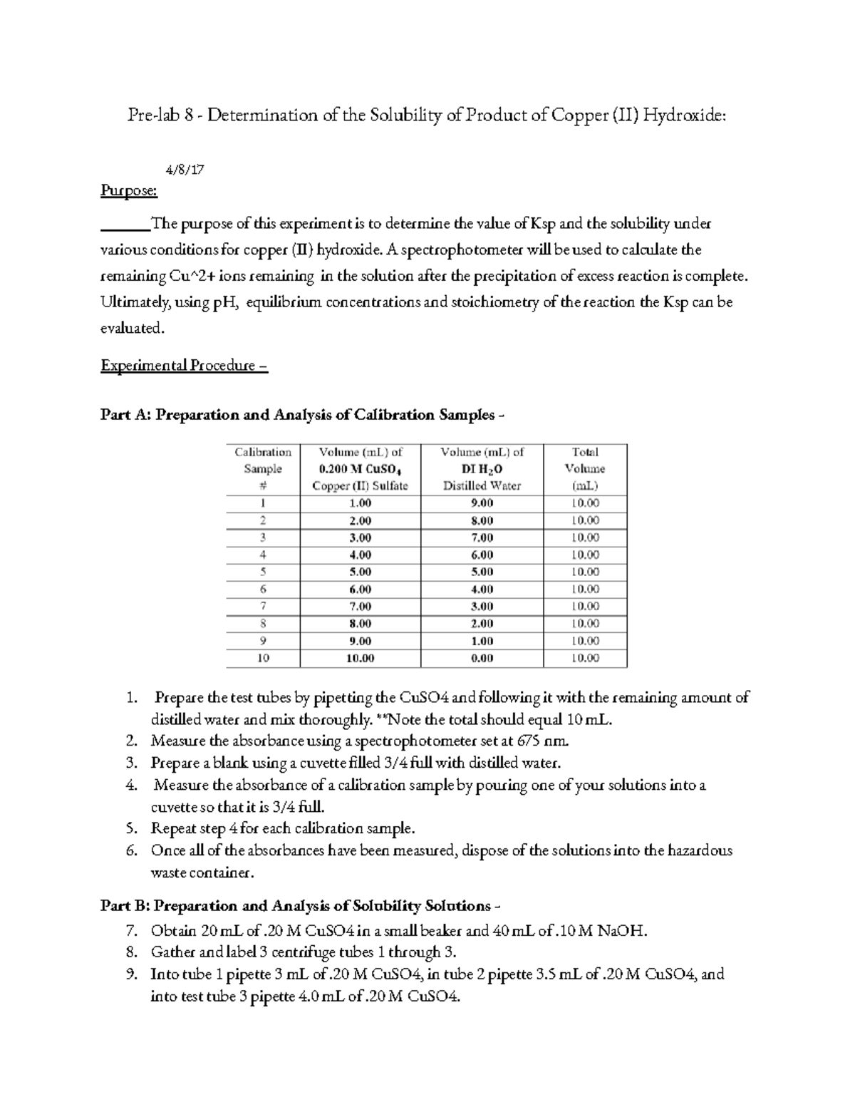 Pre-Lab Experiment 8 - Determination of the Solubility of Product of ...
