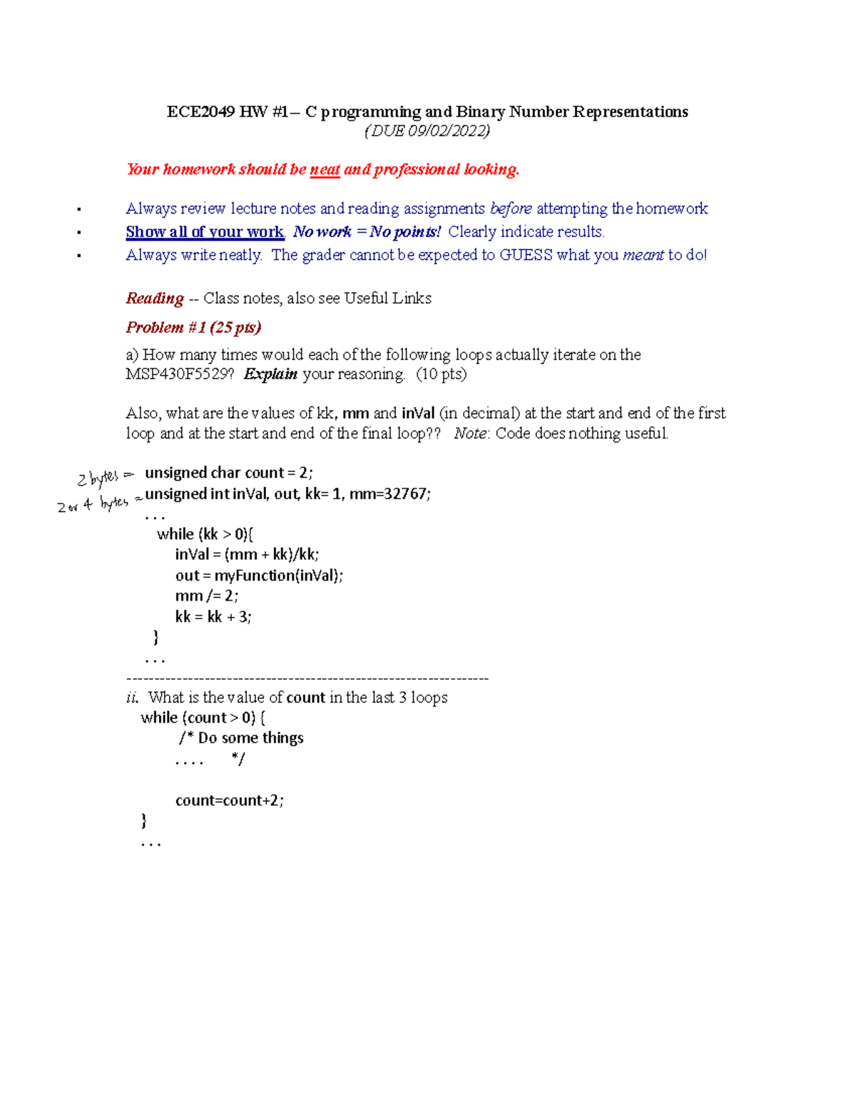 Hw 1 Professor Shahin Tajik Ece2049 Hw 1 C Programming And Binary Number Representations