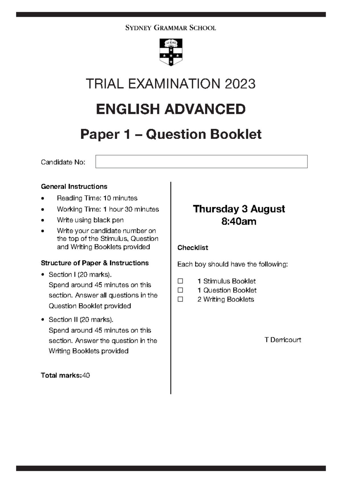Sydney Grammar 2023 English Trial Paper 1 - TRIAL EXAMINATION 2023 ...