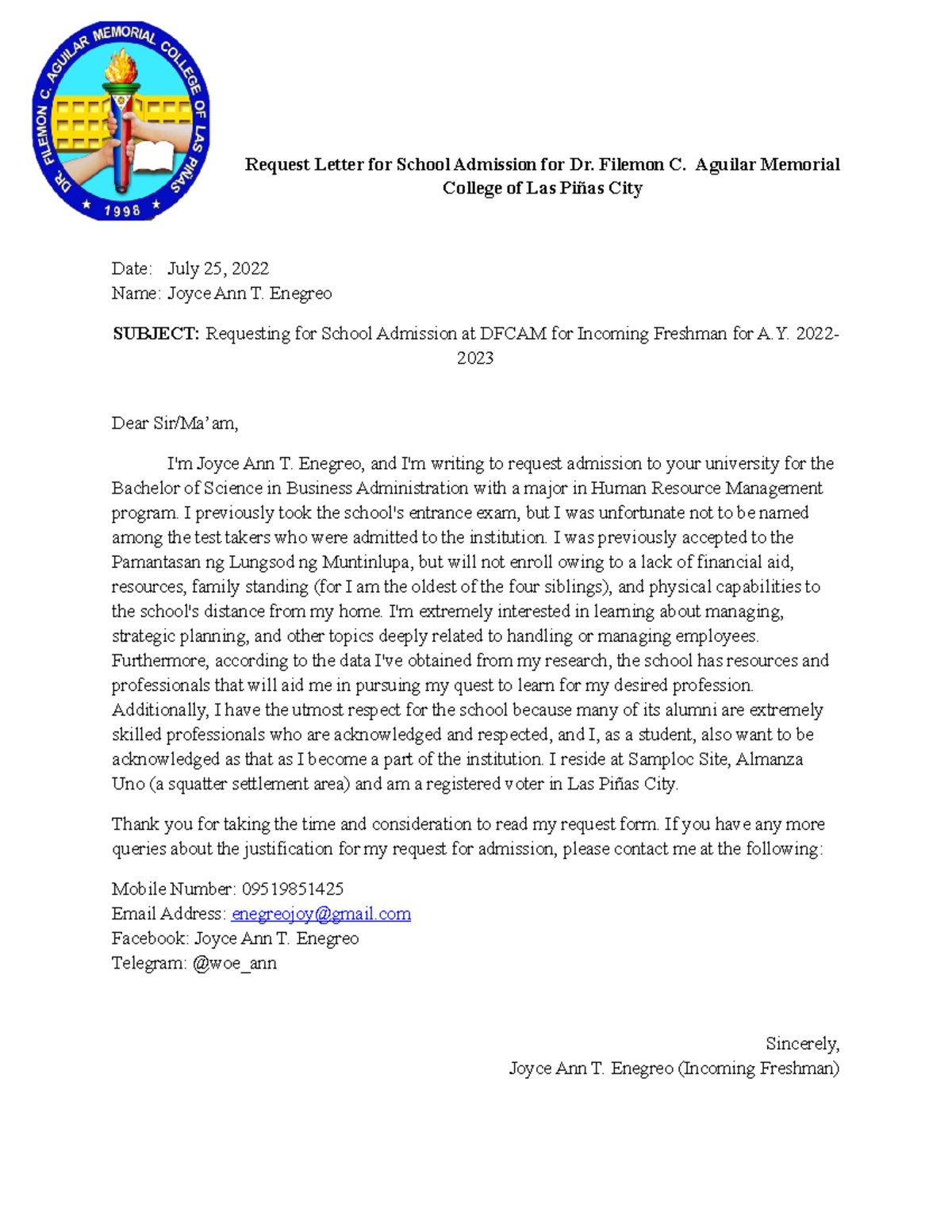 Enegreo Request- Letter - Request Letter for School Admission for Dr ...