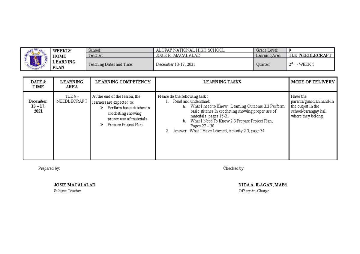 Weekly Learning plan in Mathematics Previously studied in Year 2022 ...