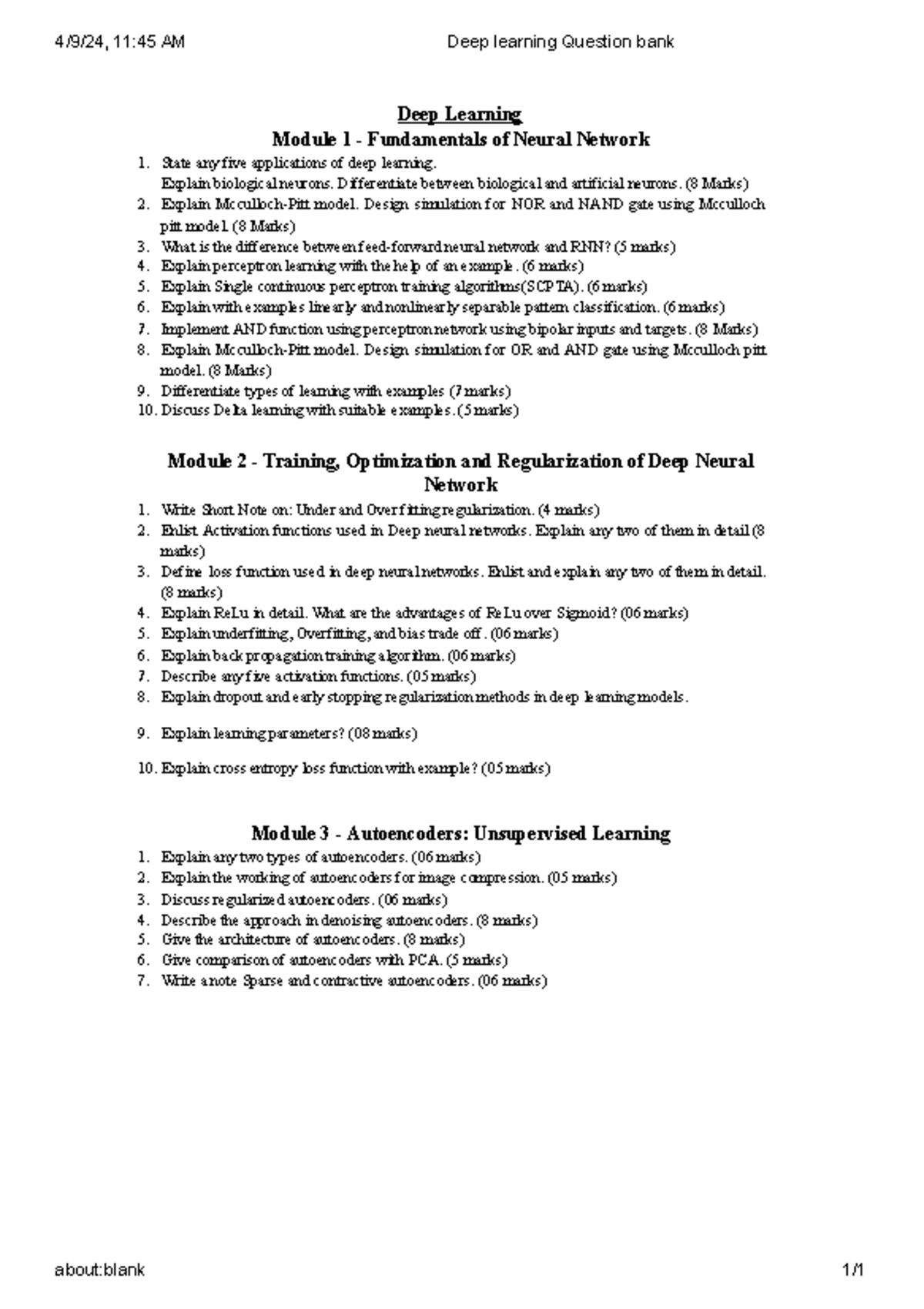 Deep learning Question bank - 4/9/24, 11:45 AM Deep learning Question ...