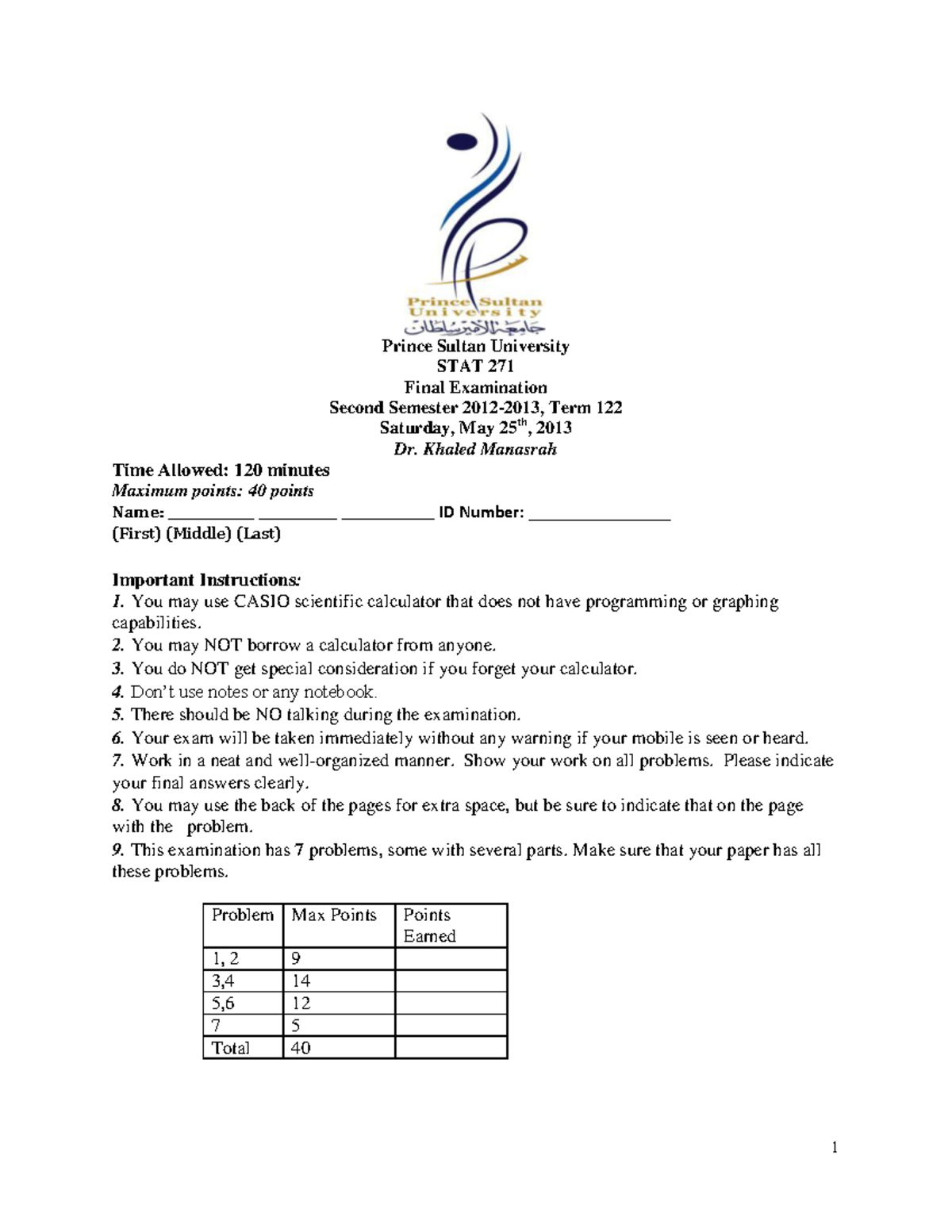 Final Exam Second semester 2012-2013 Term 122 - Prince Sultan ...