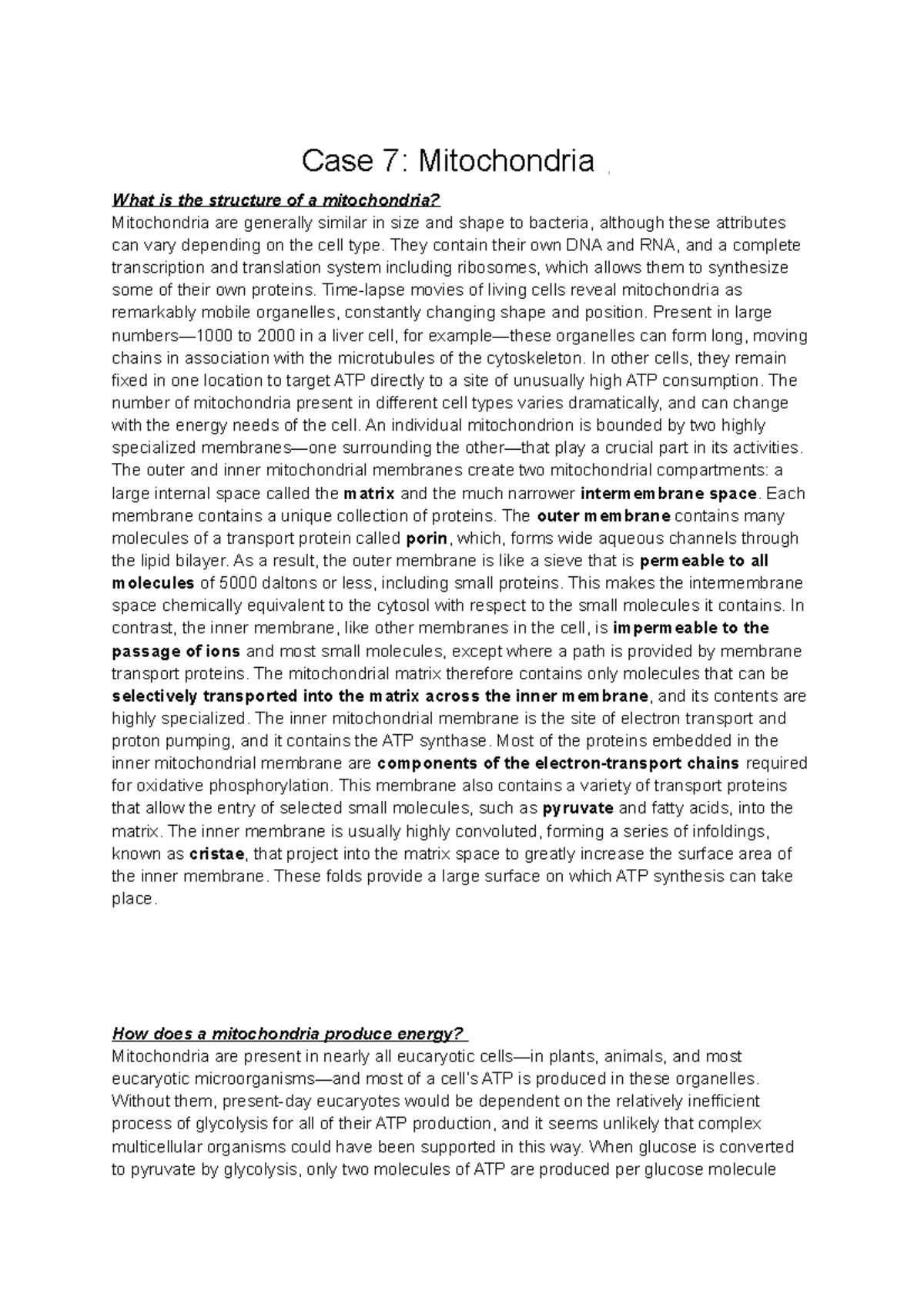 Case 7 Mitochondria, FUNCTION AND STRUCTURE - Case 7: Mitochondria What ...