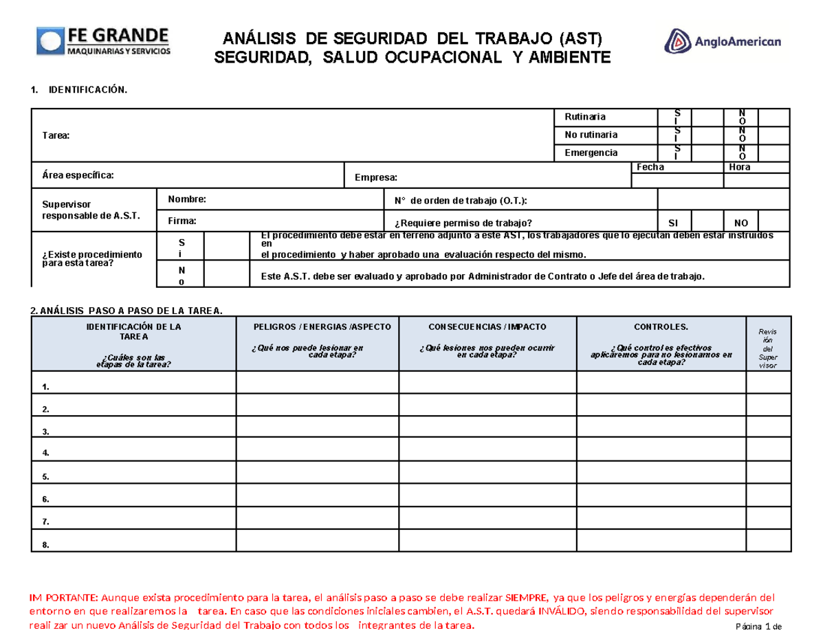 Formato AST - Analisis - ANÁLISIS DE SEGURIDAD DEL TRABAJO (AST) SEGURIDAD, SALUD OCUPACIONAL Y ...